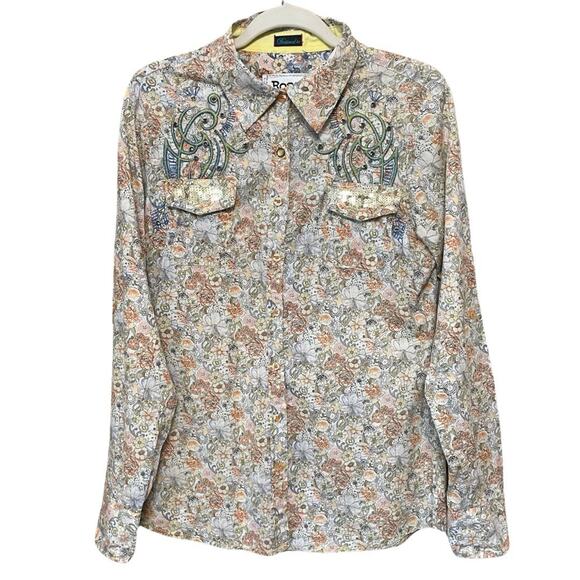 Roar | Tops | Roar Embellished Western Shirt Womens Large Pastel Floral ...